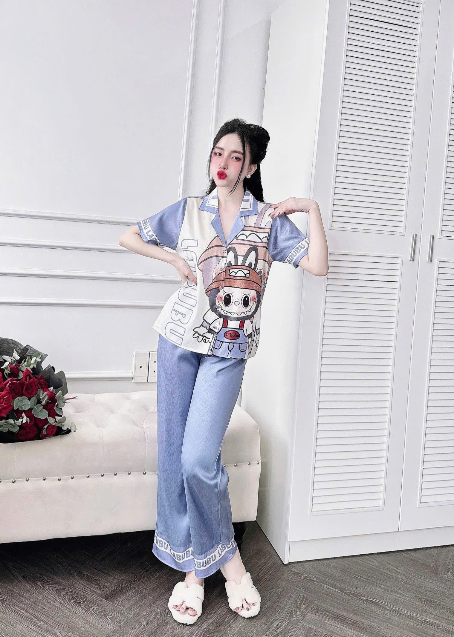 Women's labubu pajamas, cute long scratched silk home wear | Shopee ...