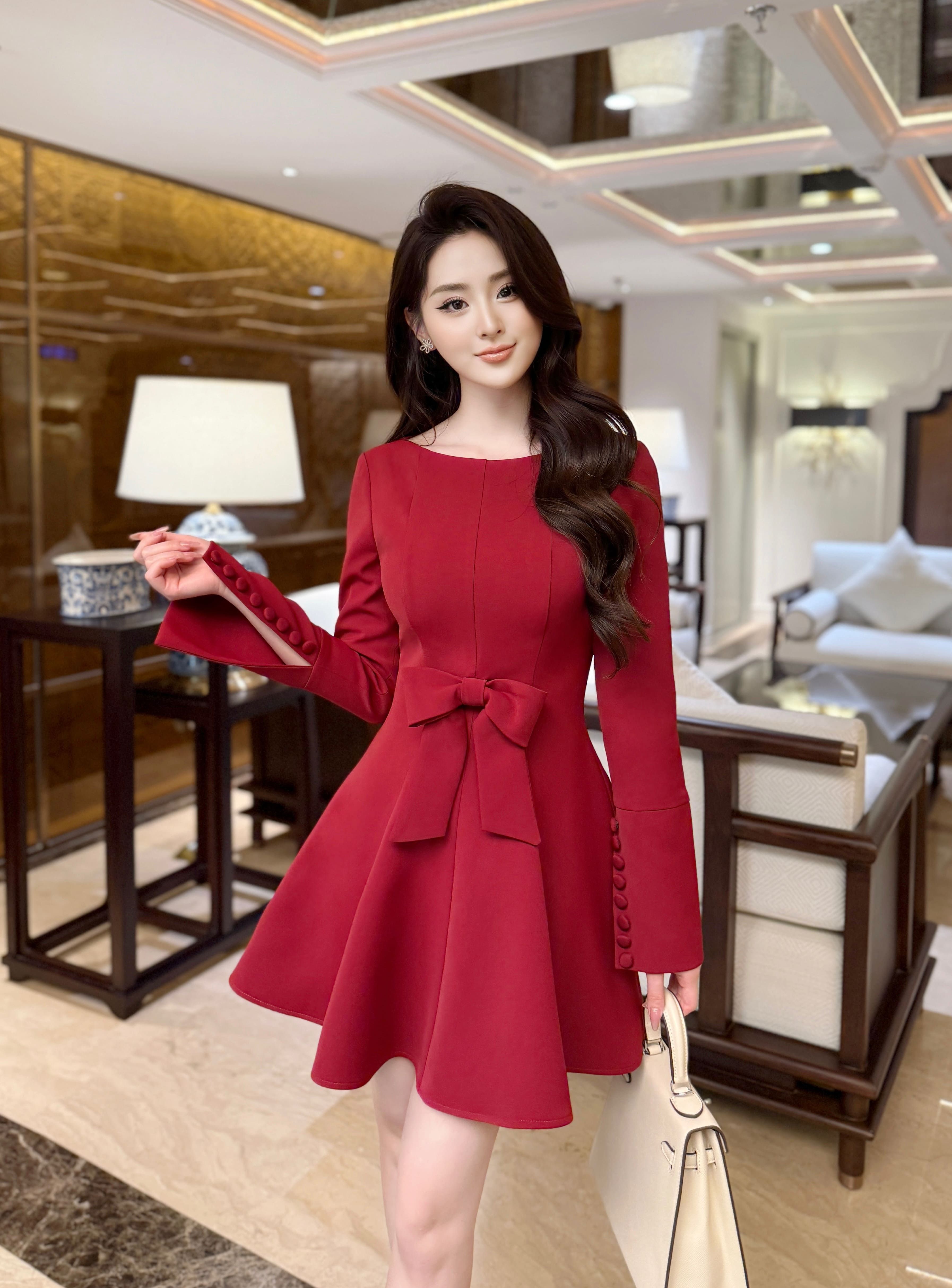 Red Flared Dress with Welded Cross and Thick Silk Lining, Boat Neck ...