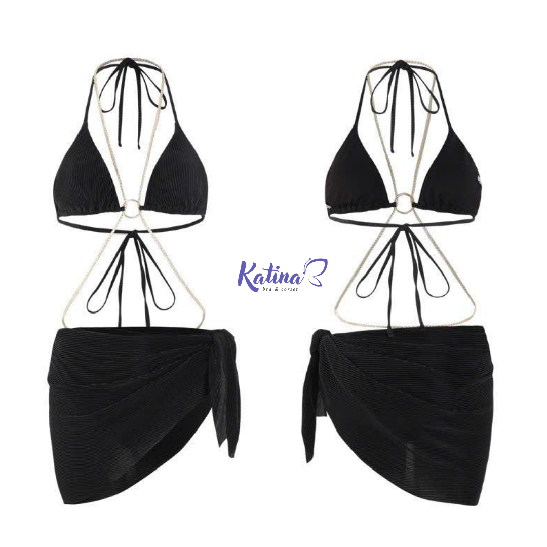 Bk21 Lightning Bikini Beach 3-Piece Swimsuit with Cape KATINA Siu Cute Halter Top with Foam ...