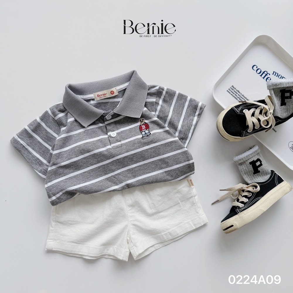 Short-sleeved striped polo Set with embroidered hem and white shorts ...