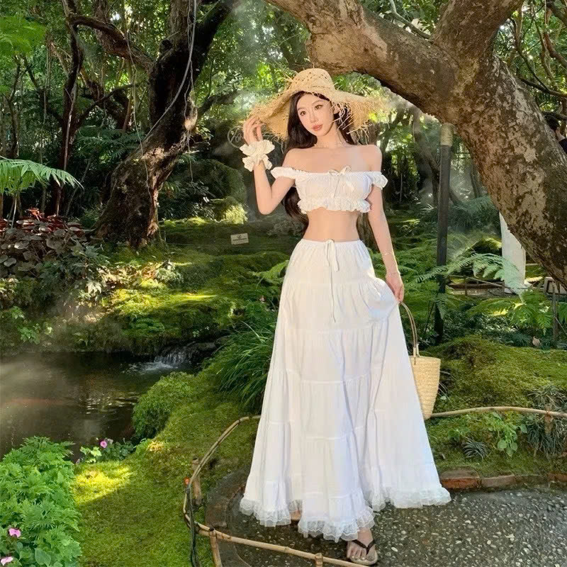 Super Cute Korean Style Crop Top And Long Skirt Set Available In New 4595