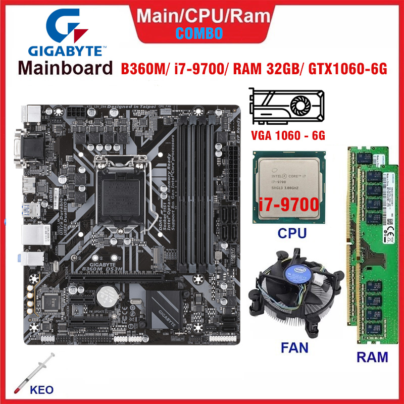 Combo Mainboard B360 + CPU i7 9700 + RAM 32GB + VGA GTX1060 6G + FAN + Thermal paste - Korea Zin ...
