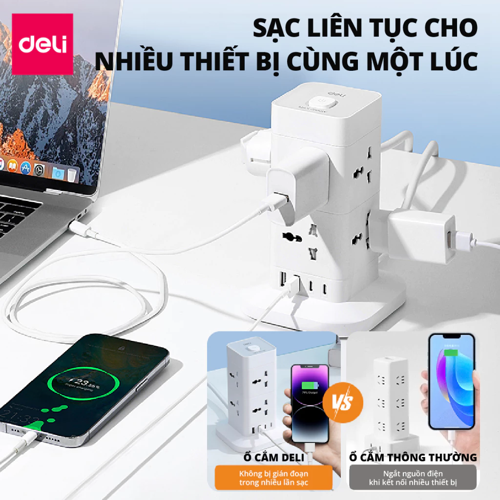 2500W Deli Cylindrical Power Socket With USB Type C Port Fast Charging ...