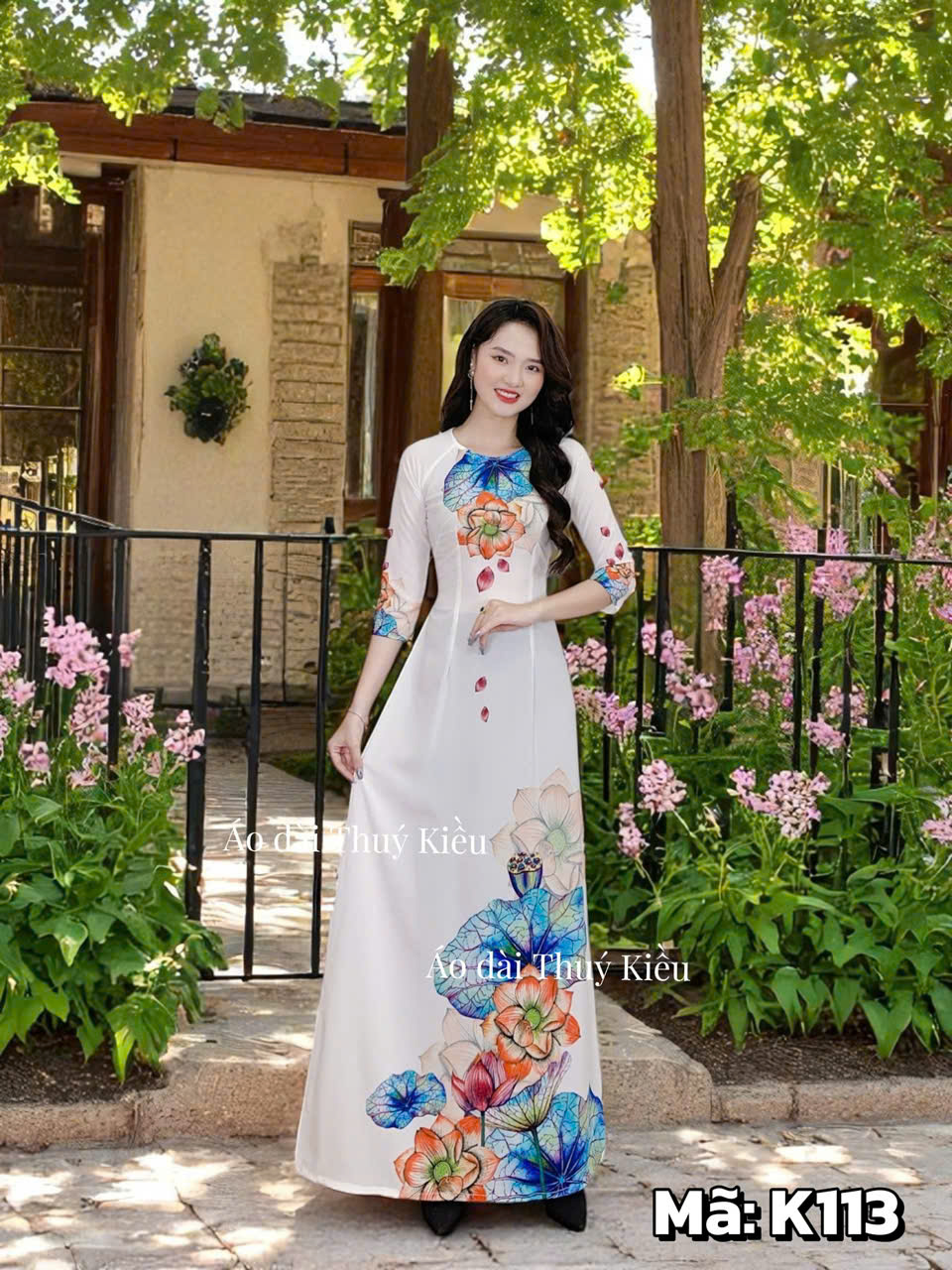 Thuy Kieu ao dai 3D printed Japanese silk with white background and ...