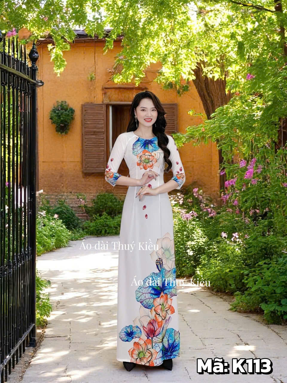 Thuy Kieu ao dai 3D printed Japanese silk with white background and ...