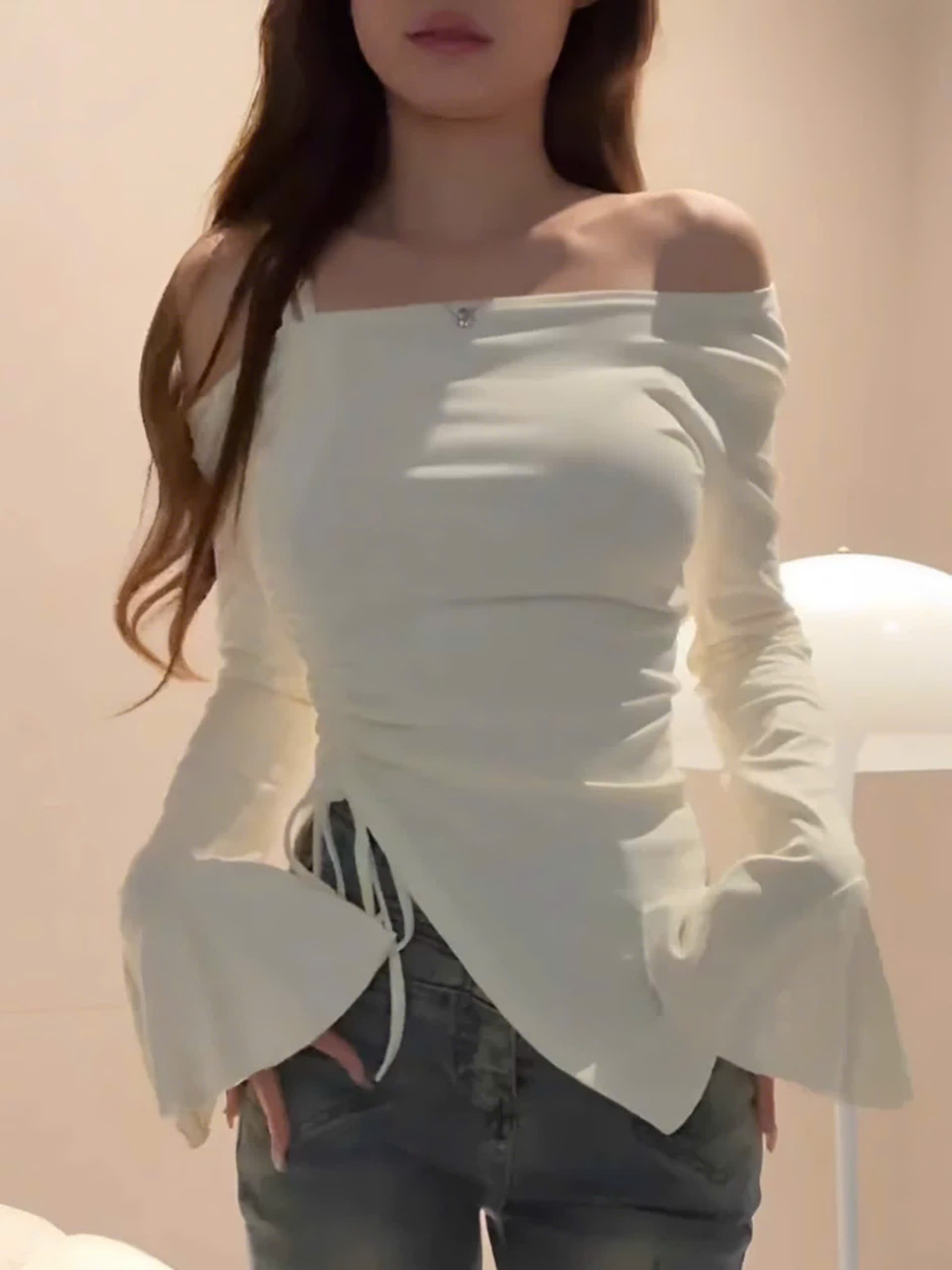 [AVAILABLE Size] RANSHI Long-Sleeved Off-Shoulder Blouse with Slit ...