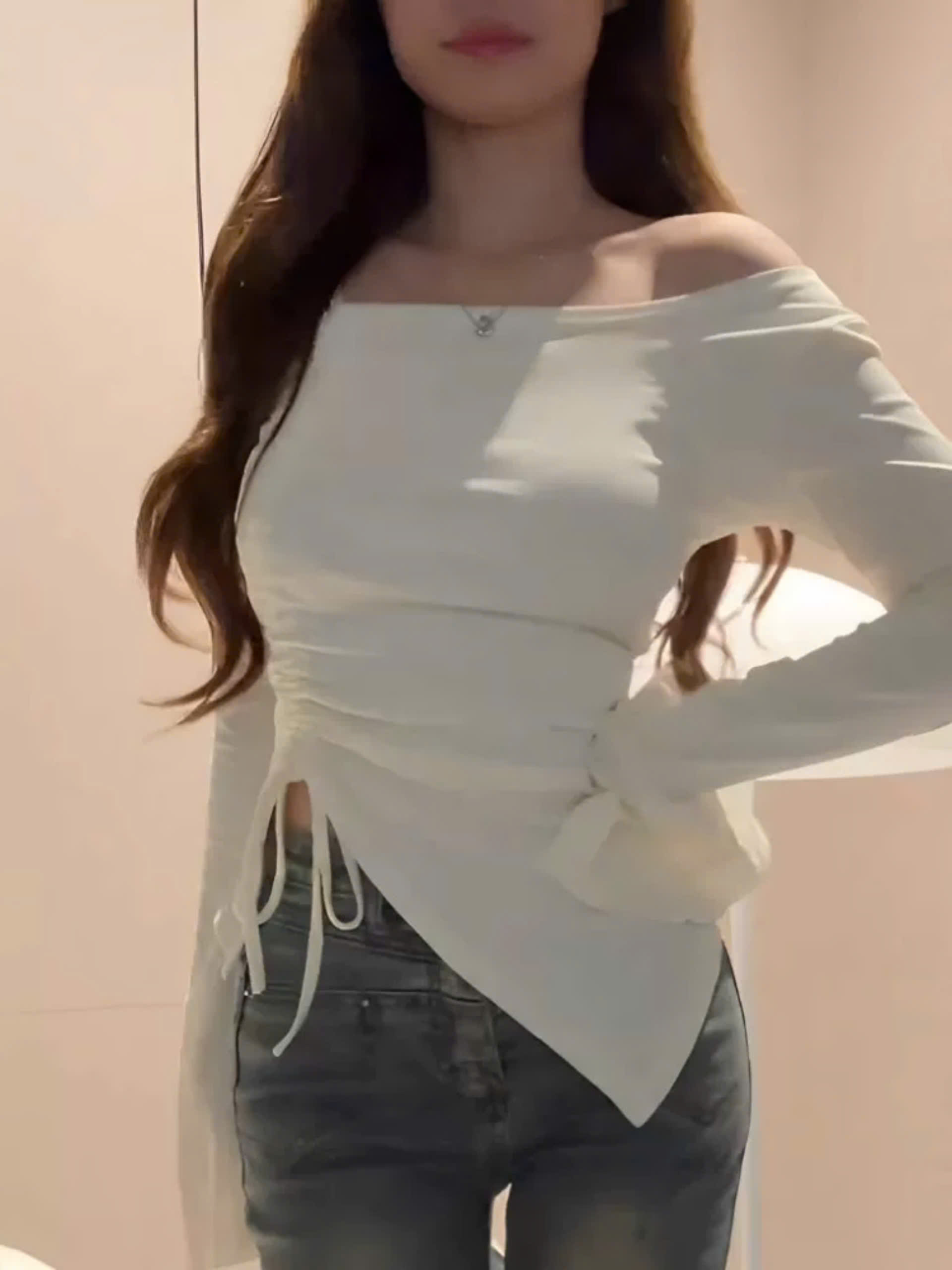 [AVAILABLE SIZE] RANSHI Long-Sleeved Off-Shoulder Blouse with Slit ...