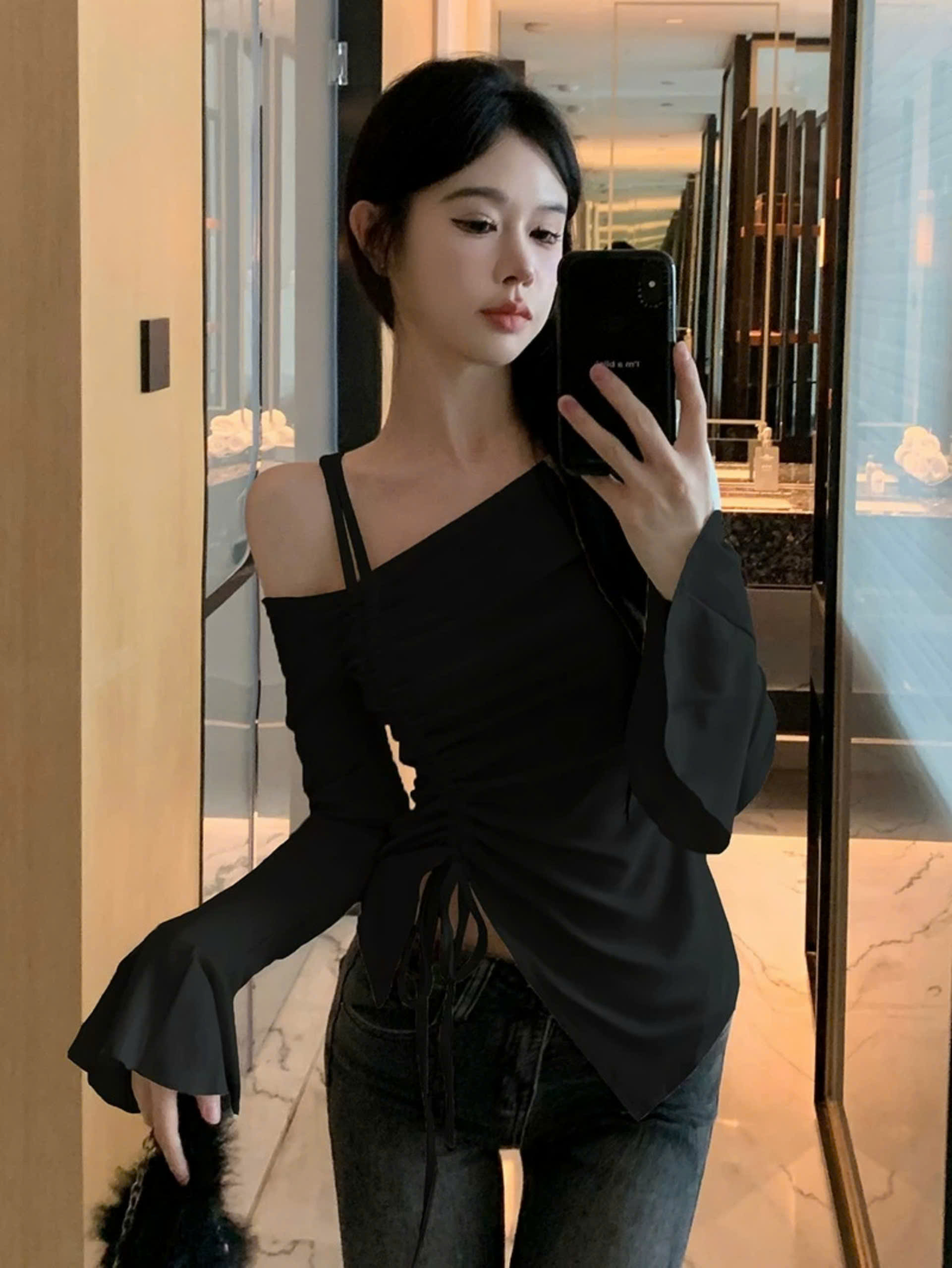 [AVAILABLE SIZE] RANSHI Long-Sleeved Off-Shoulder Blouse with Slit ...