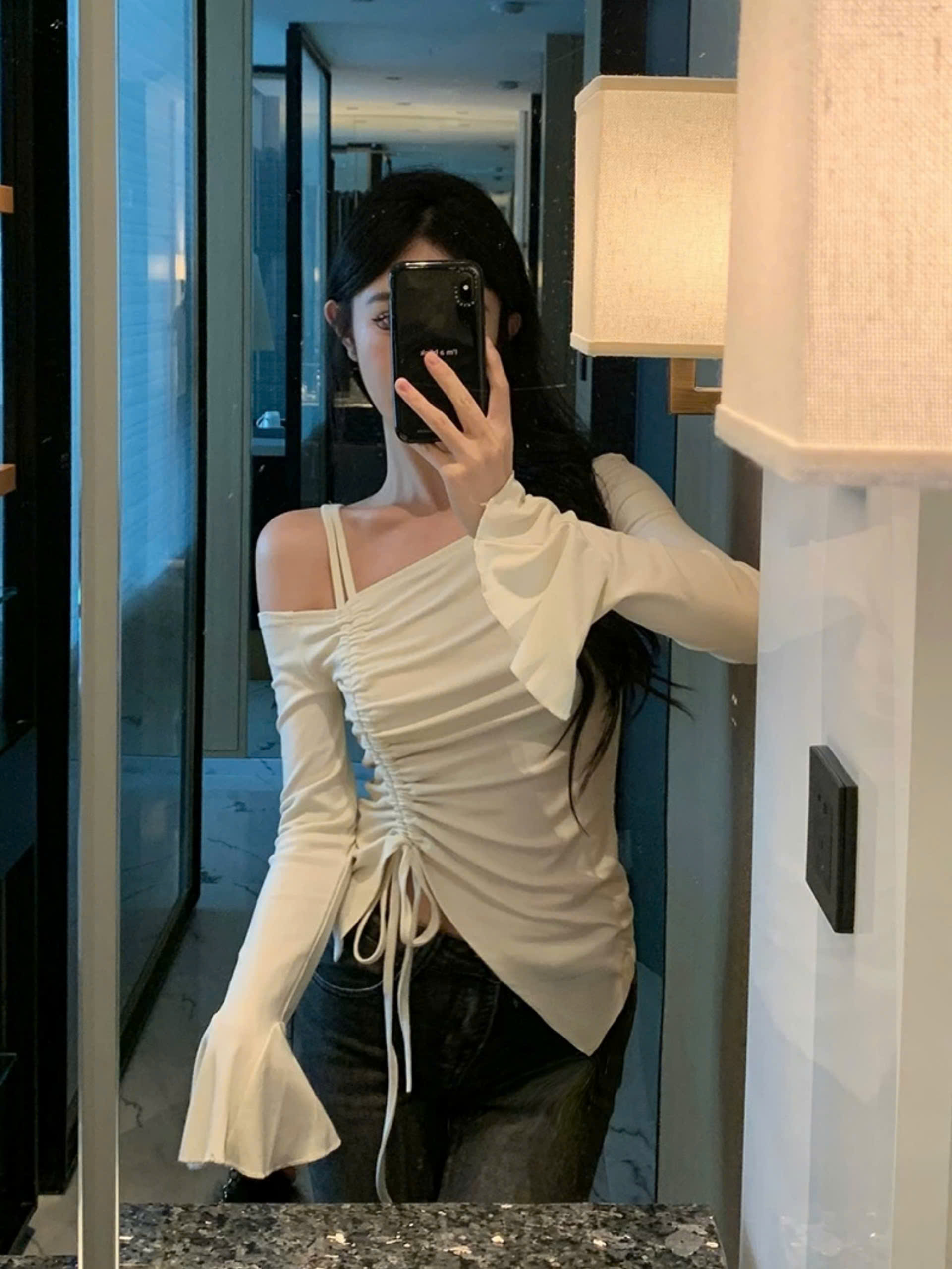 [AVAILABLE SIZE] RANSHI Long-Sleeved Off-Shoulder Blouse with Slit ...