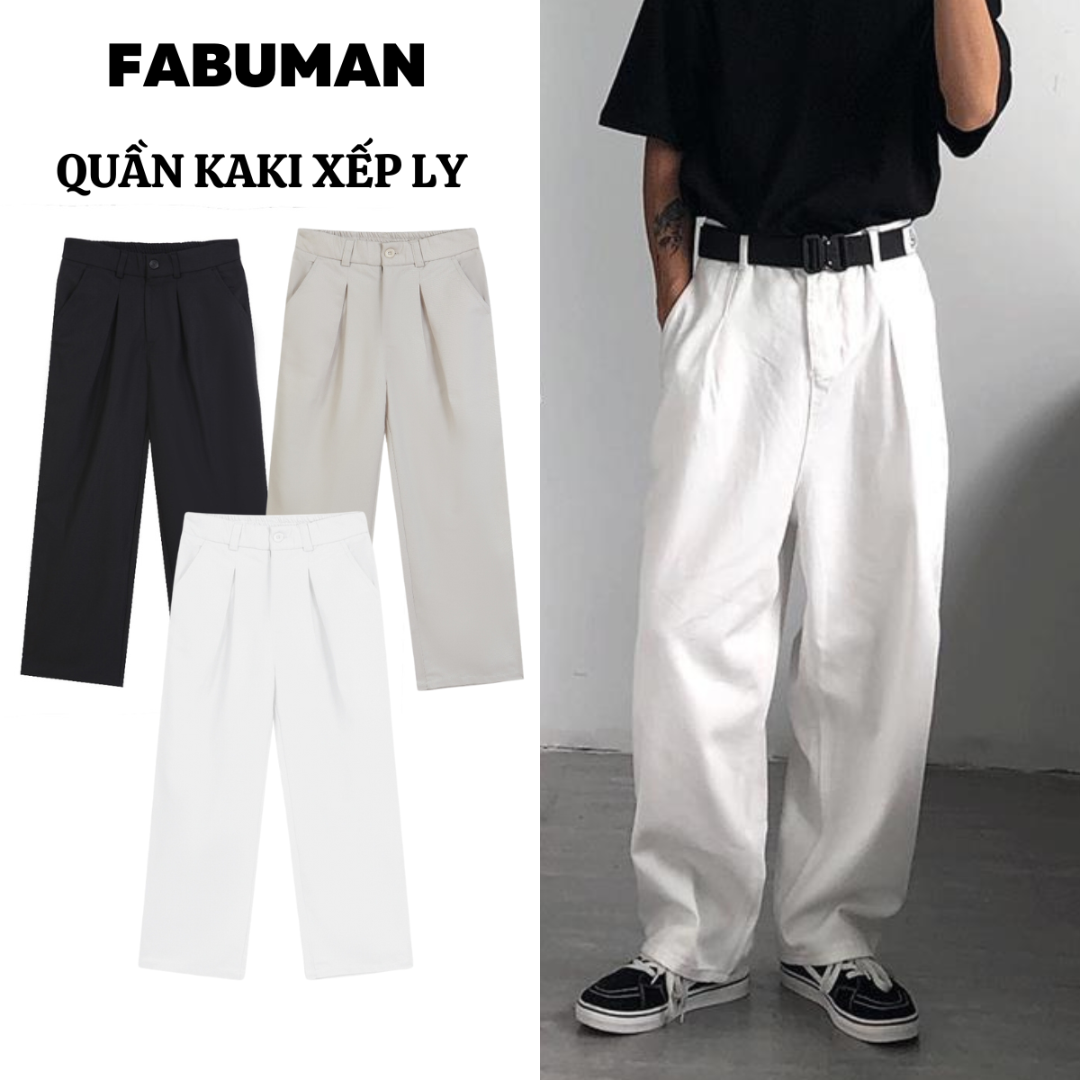 Fabuman Men's and Women's Wide Leg Pants High Waist Pleated KAKI Mixed ...