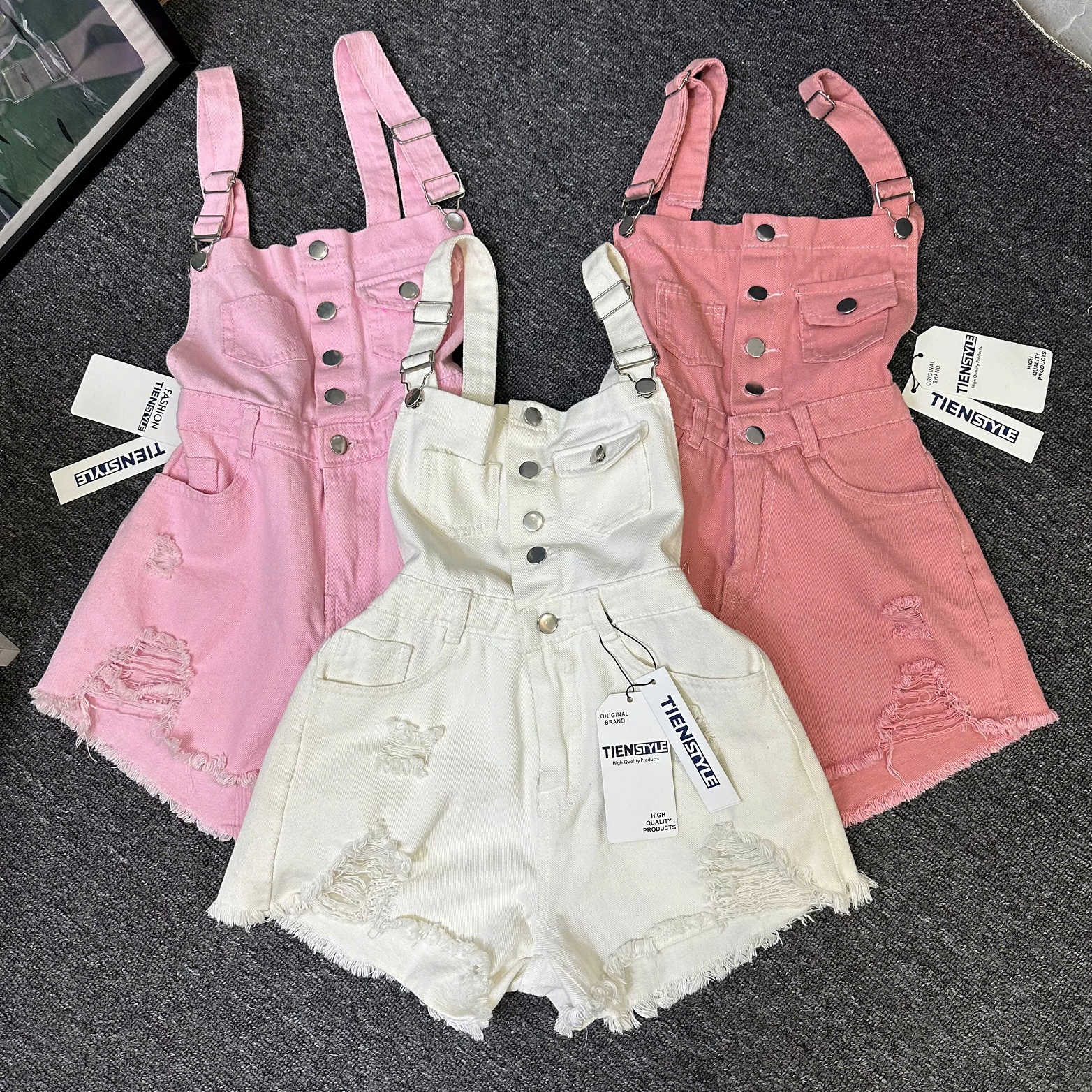 (Size S-4XL) Ripped jean overalls with 5 torn tassels and 1 pocket flap ...