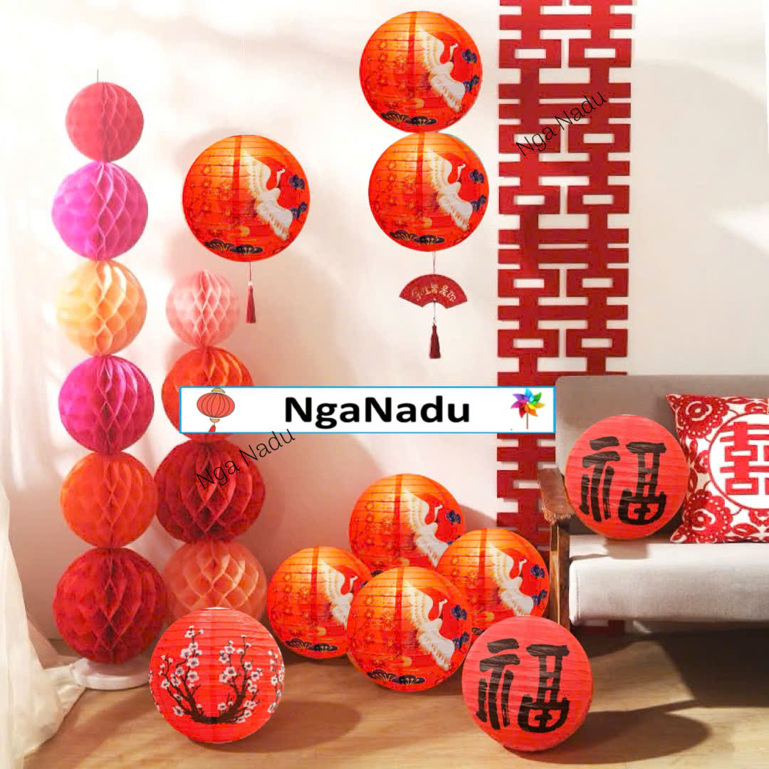 Paper lanterns painted with bamboo trees and ancient patterns deccor ...