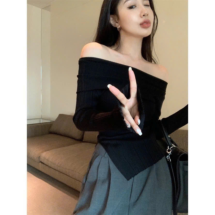 Women's off-the-shoulder, long-sleeved t-shirt, off-the-shoulder slit ...