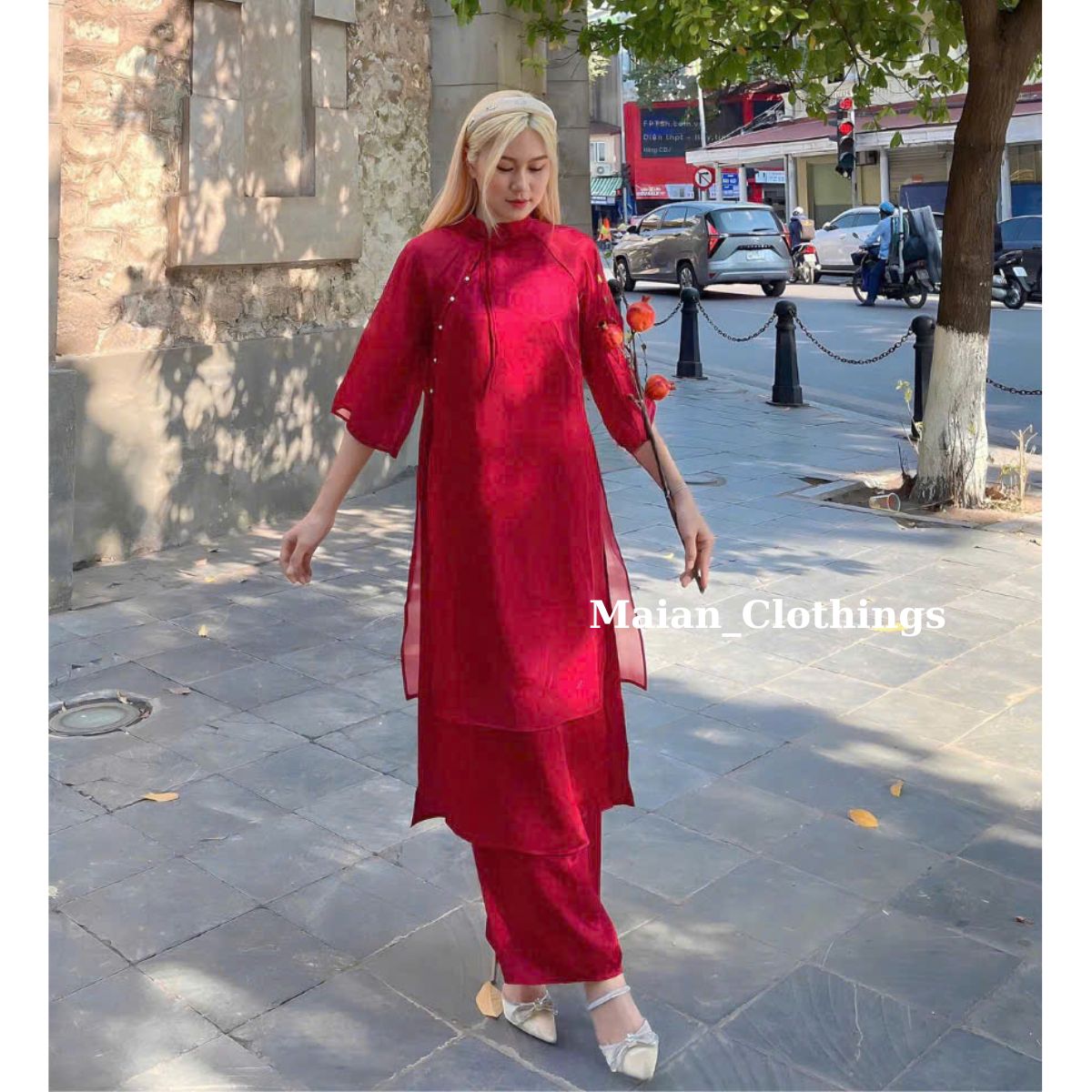 Modern women's ao dai Set in silk fabric with silk lining and Maian heart collar, slit shirt ...