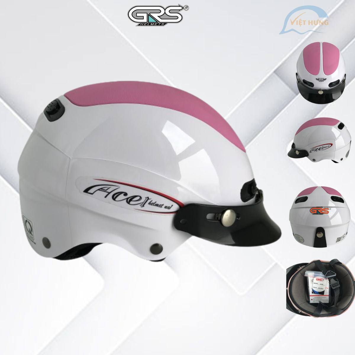 High quality half-head helmet - GRS A102T - White with pink lines ...