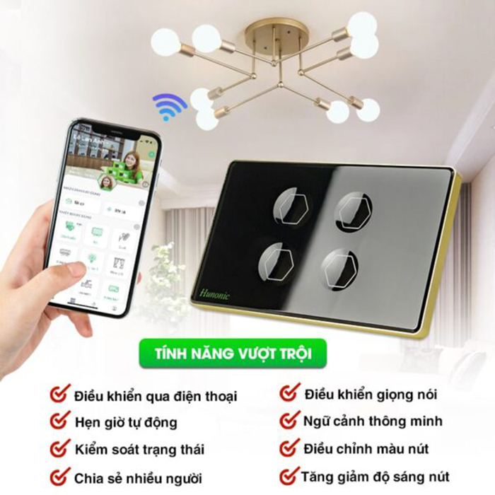 Hunonic Premium Switch 2 Button Bluetooth Mesh Square Shape Gold Border ...