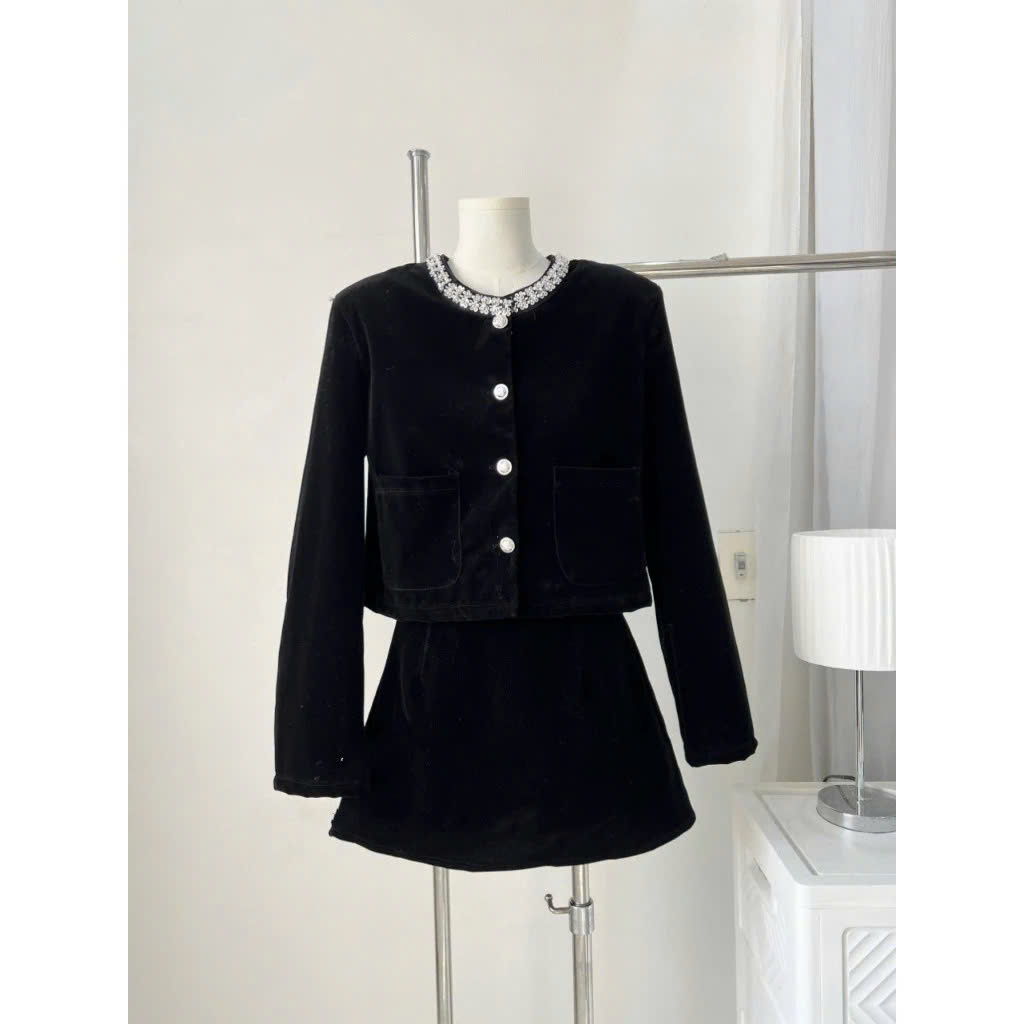 2-layer Velvet Set with Stone Embroidered Collar Mixed with A-Line ...