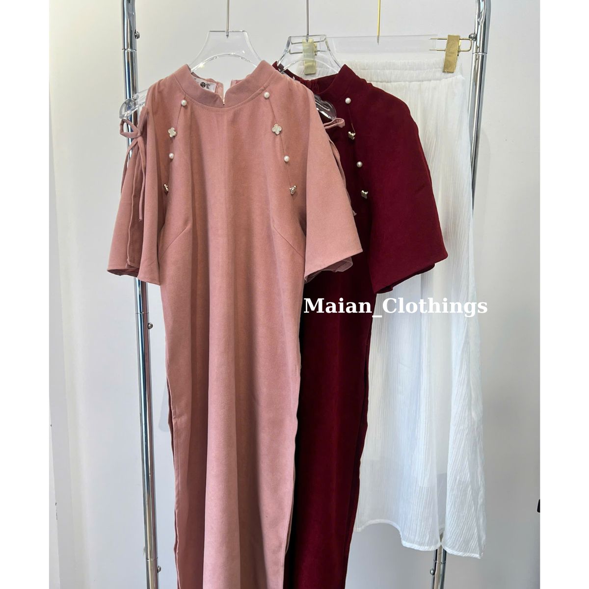 Innovative velvet ao dai Set S5055 floral embellished shirt with heart ...