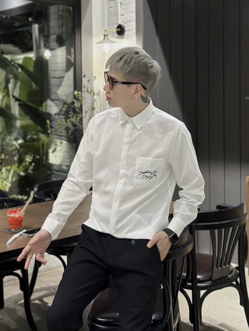 Men's long-sleeved white shirt CD candle silk plain body embroidered ...