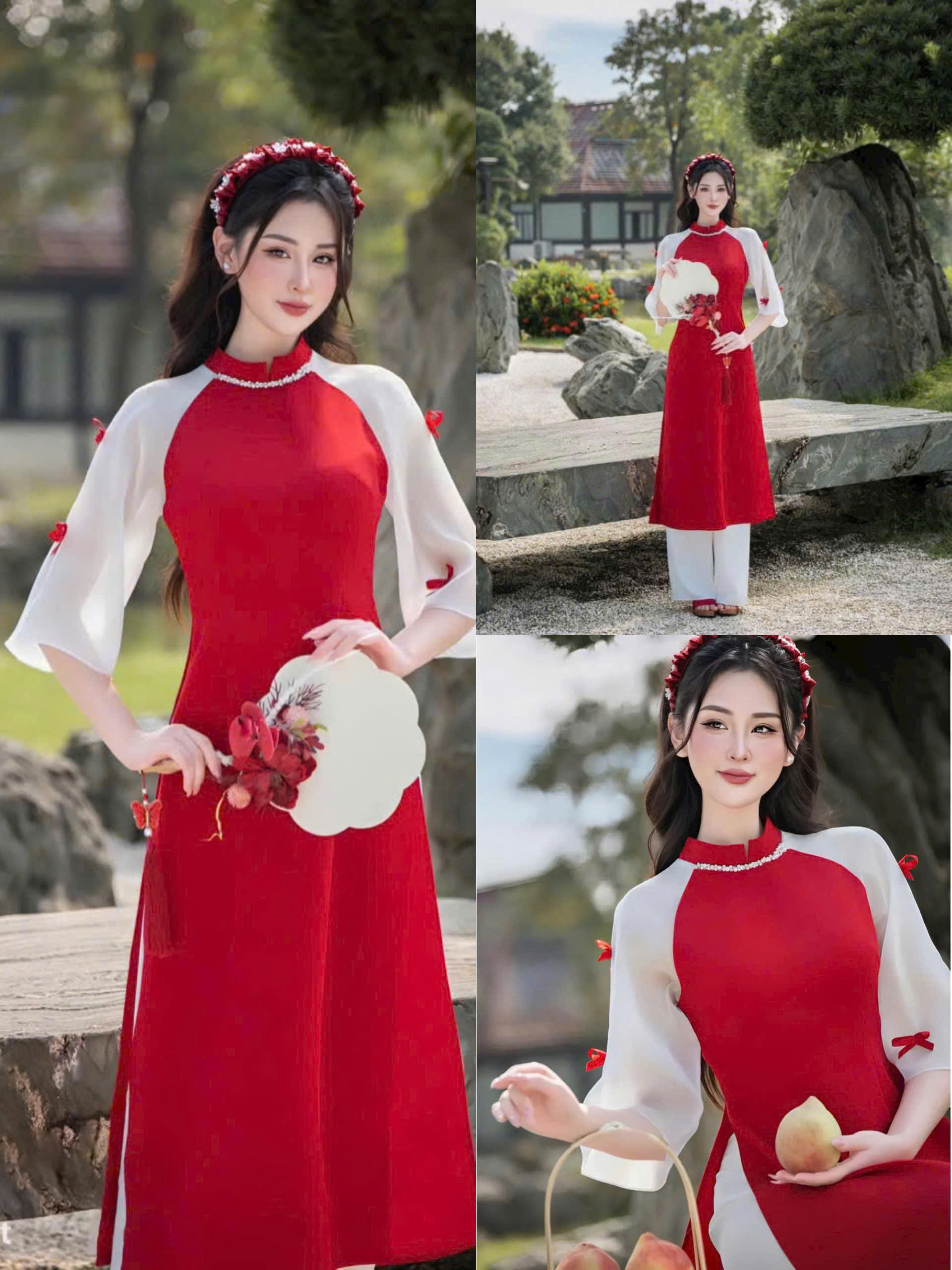Ao dai set to wear CNY 2025, made of soft velvet, beaded collar, cool ...