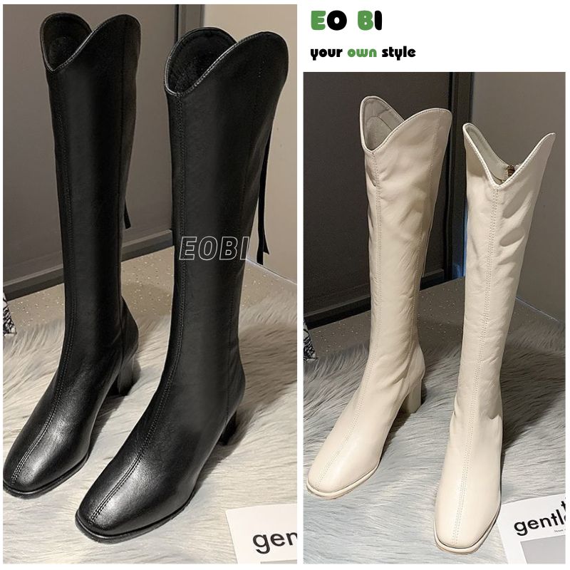 Ulzzang luxury style V-neck thigh-high boots in soft matte leather with ...