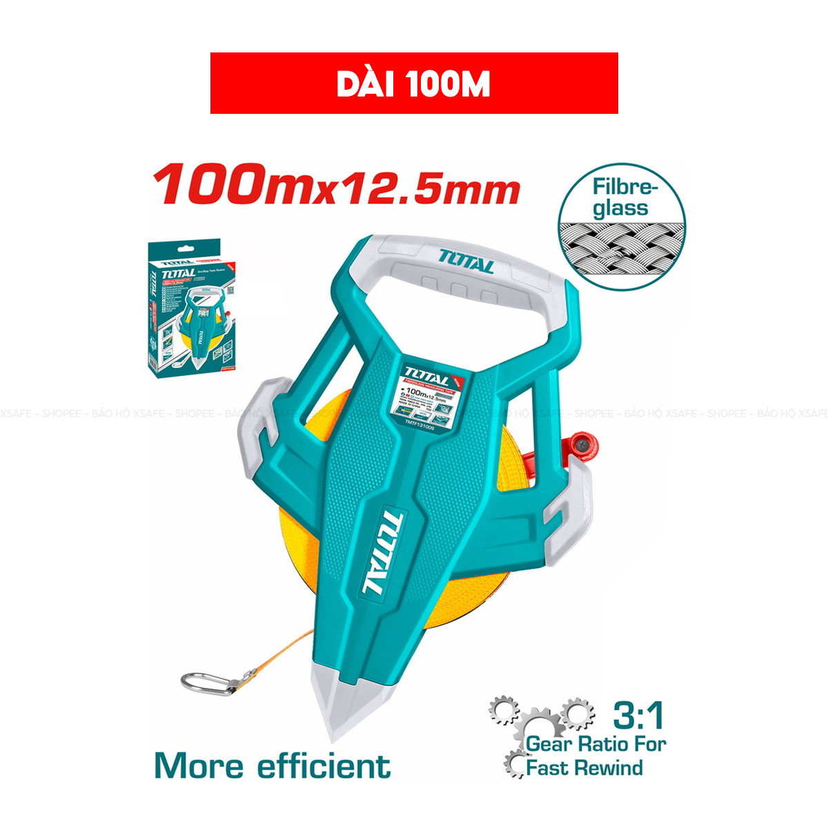 TOTAL 50-100m fiberglass tape measure, 12.5mm ruler leaf, metric and ...