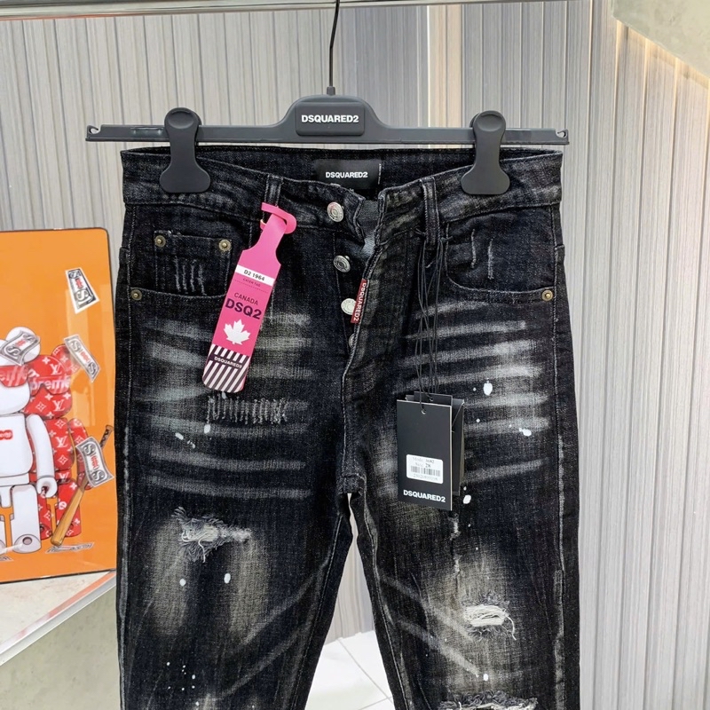 Dsq slimfit men's jeans, black with silver, torn and scratched, 3D ...