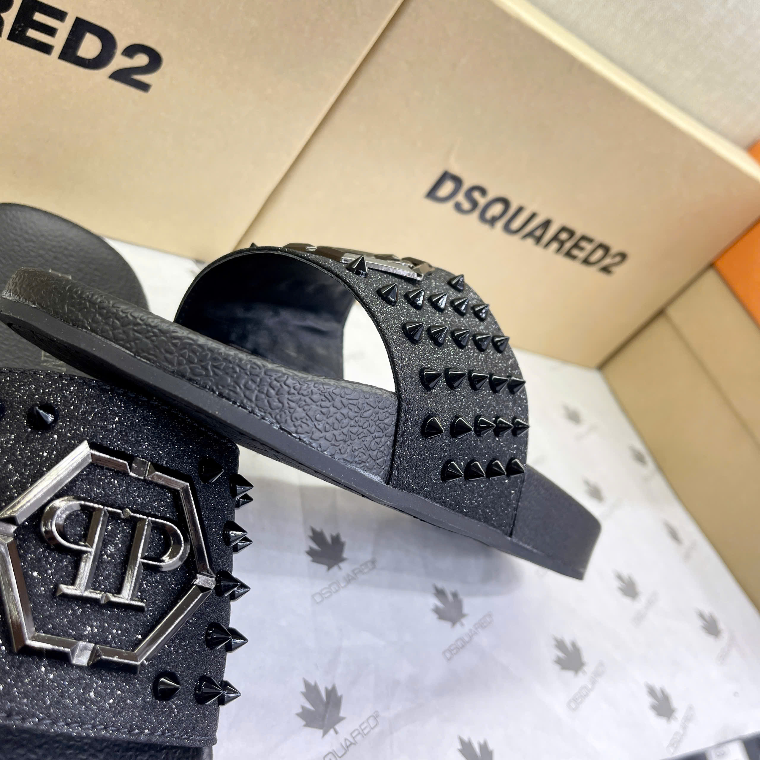 Philipp Plein men's slippers with metallic leather straps, metal logo ...