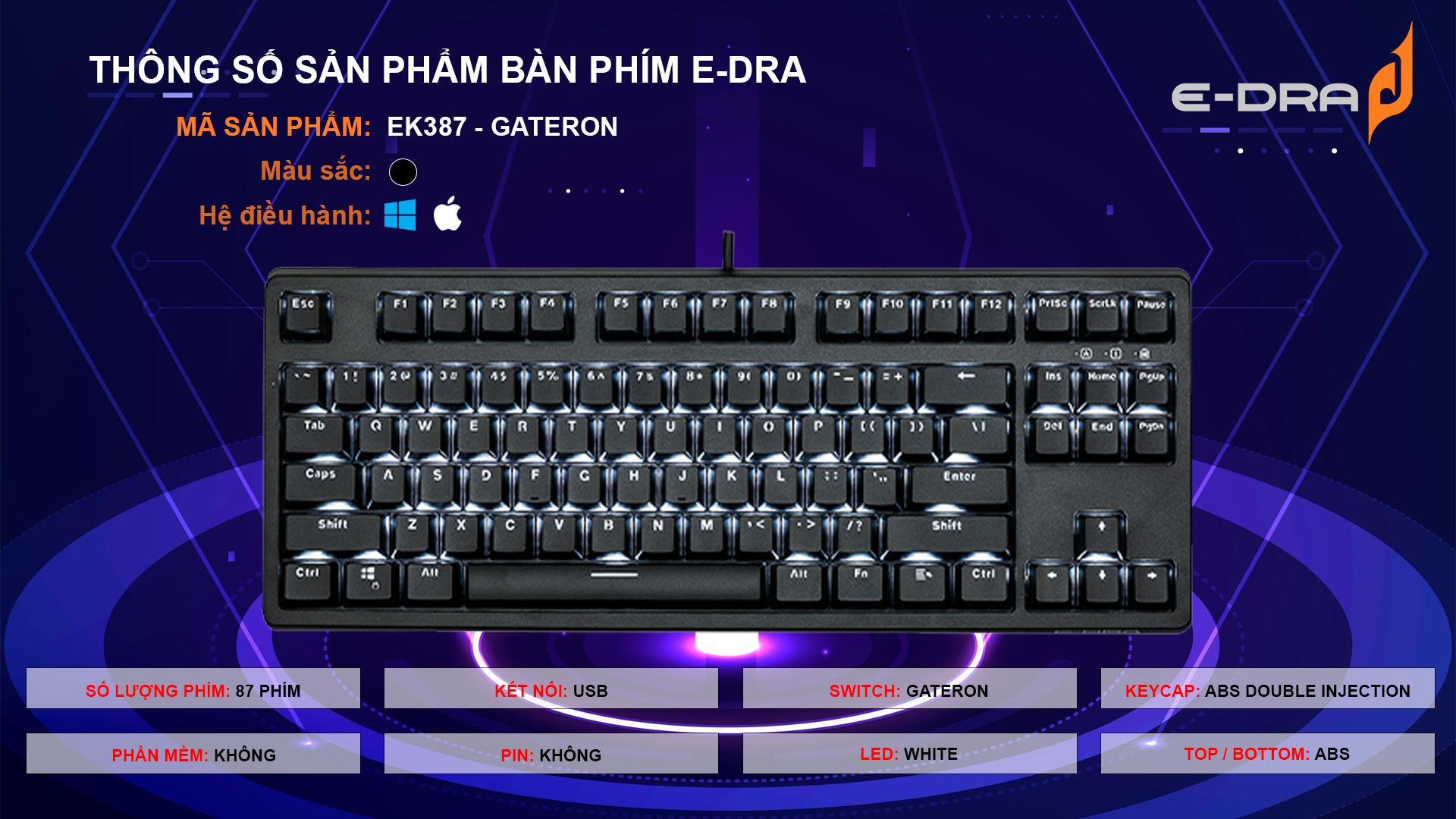 Gaming E-DRA EK387 GATERON mechanical keyboard, 80% RGB LED layout, ABS ...