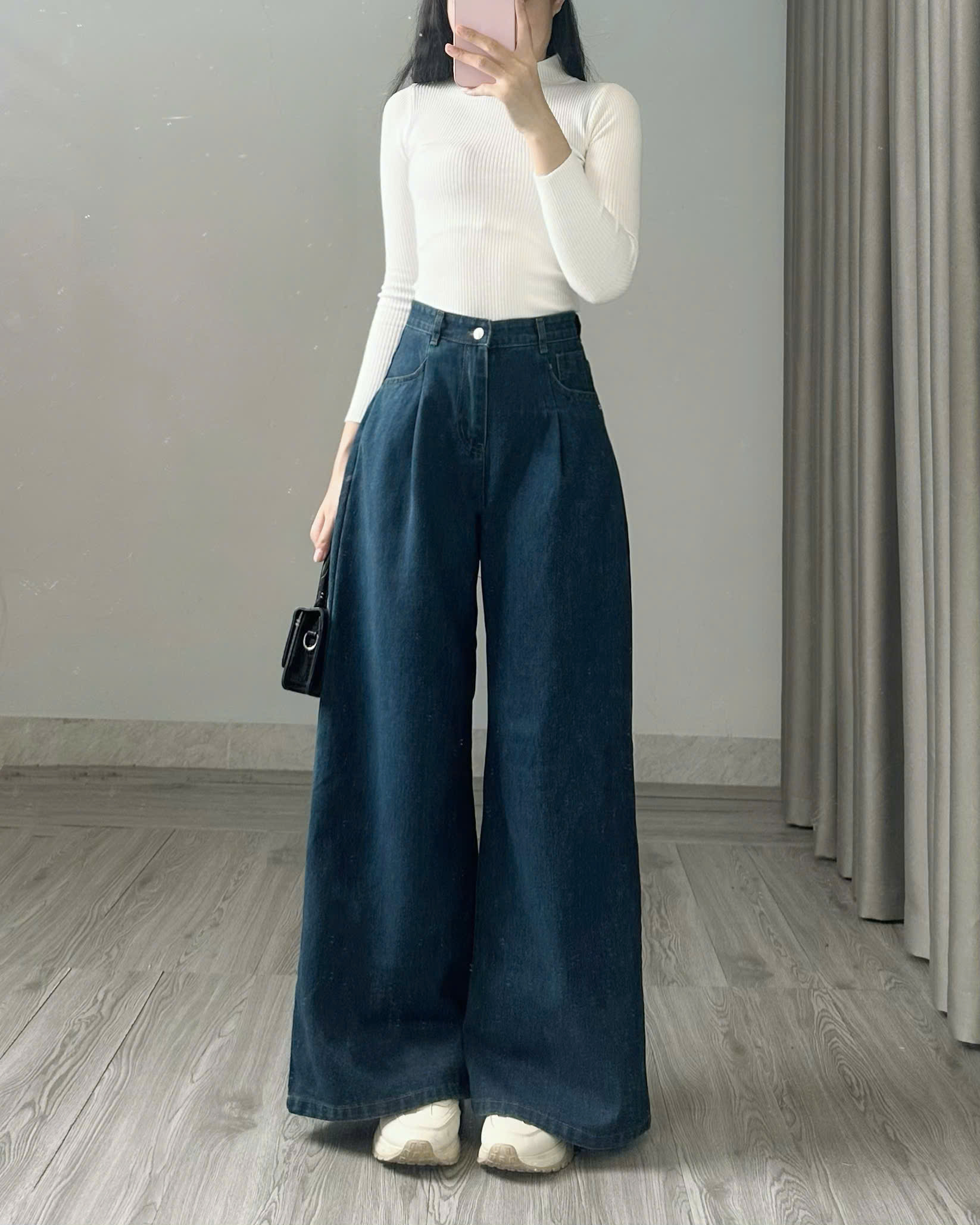 Junboy Pleated Wide-Leg Jeans with wide-leg leather label, long, loose shape, soft, thick ...