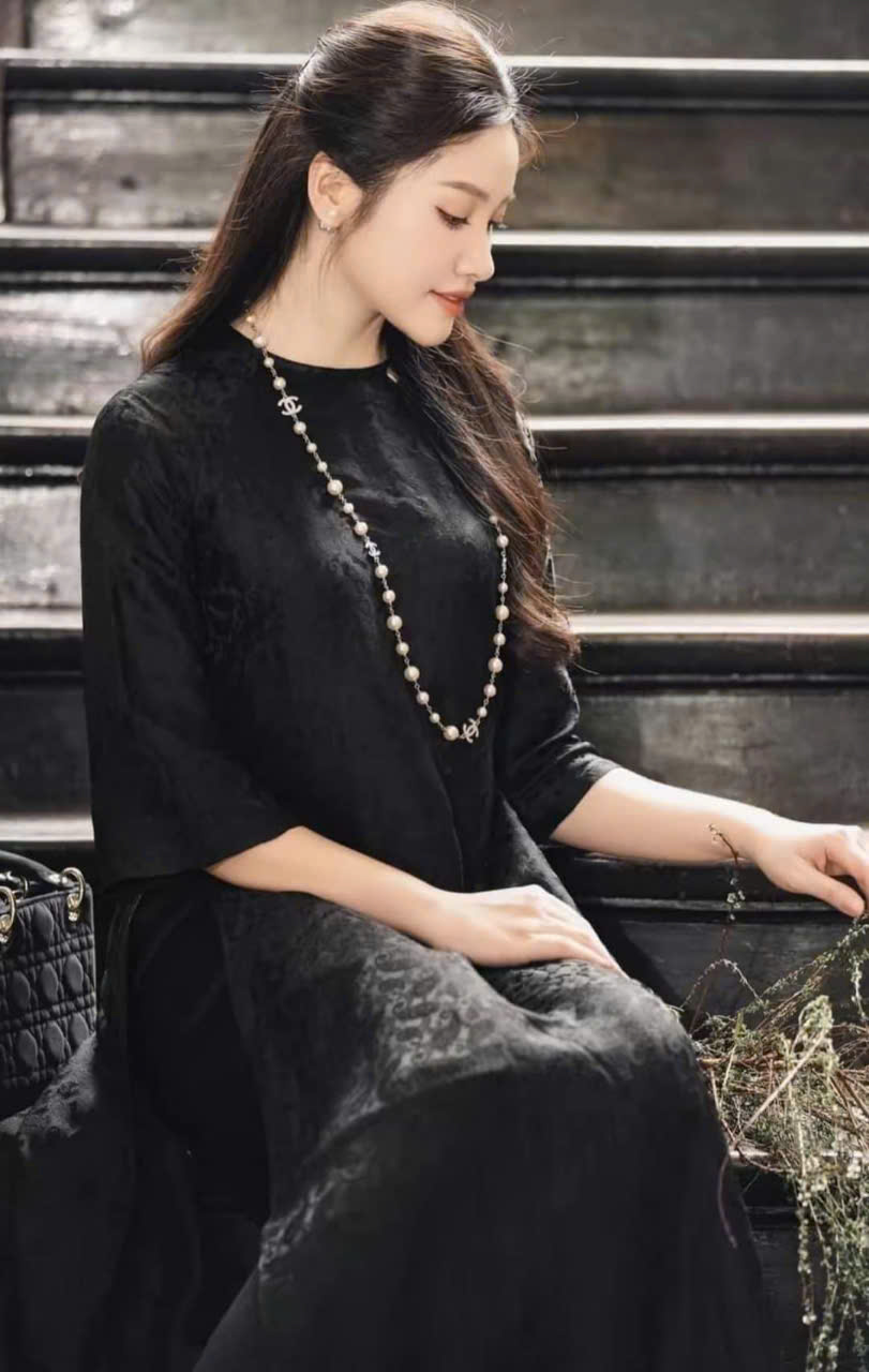 Elegant and Noble Black Brocade Ao Dai with Round Neck and Loose Sleeves - Lyna Store 1993 ...
