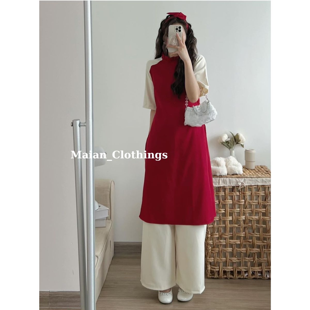 MAIAN pink red women's modern ao dai Set of traditional Vietnamese ...