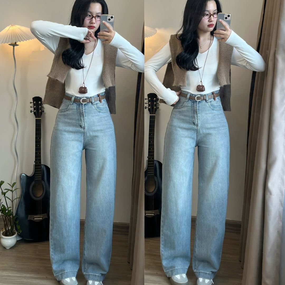 Junboy blue wide-leg jeans with brown belt, soft, thick, form-fitting denim | Shopee Malaysia