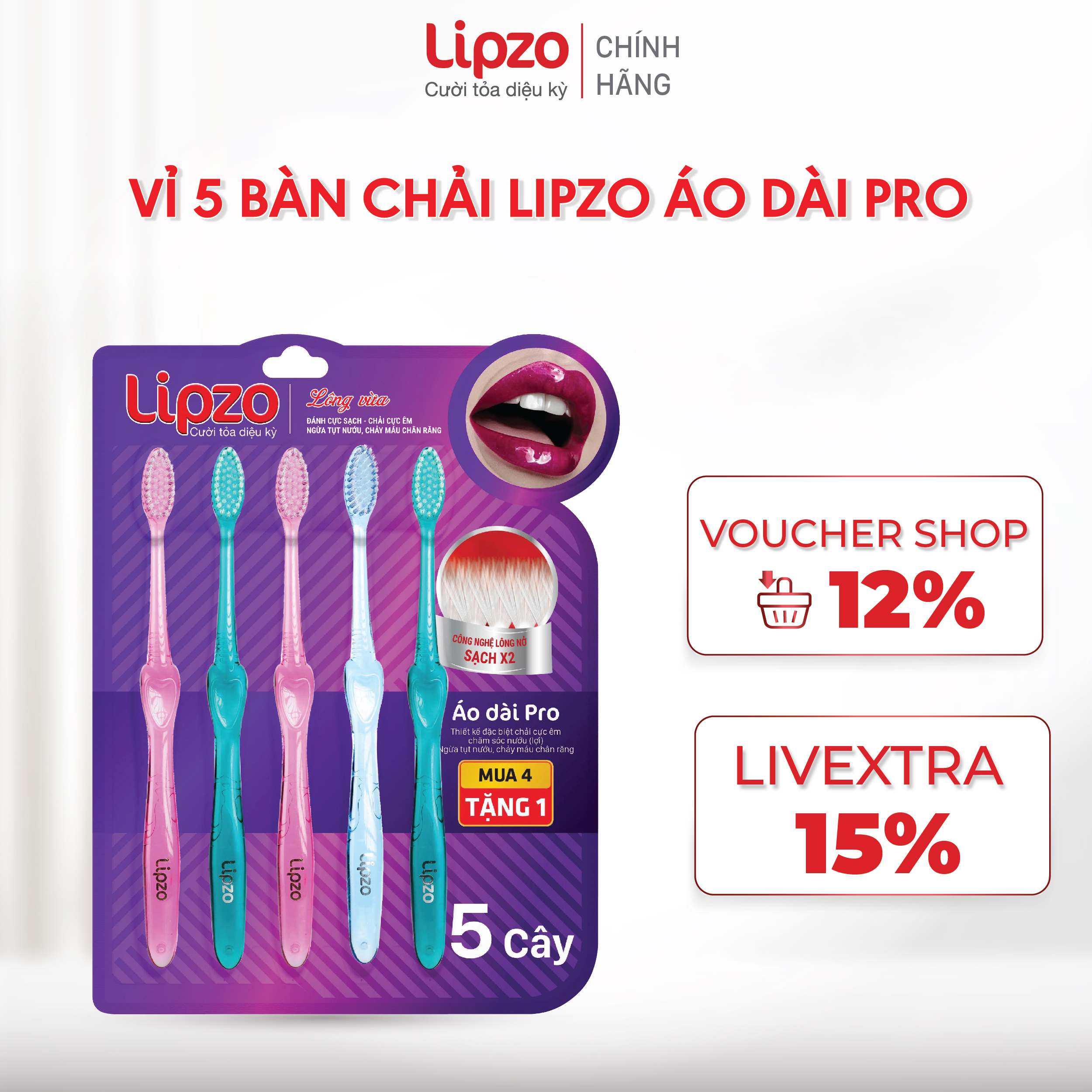 Pack of 4 Get 1 Free Lipzo Ao Dai Pro Toothbrush Designed in the Shape ...