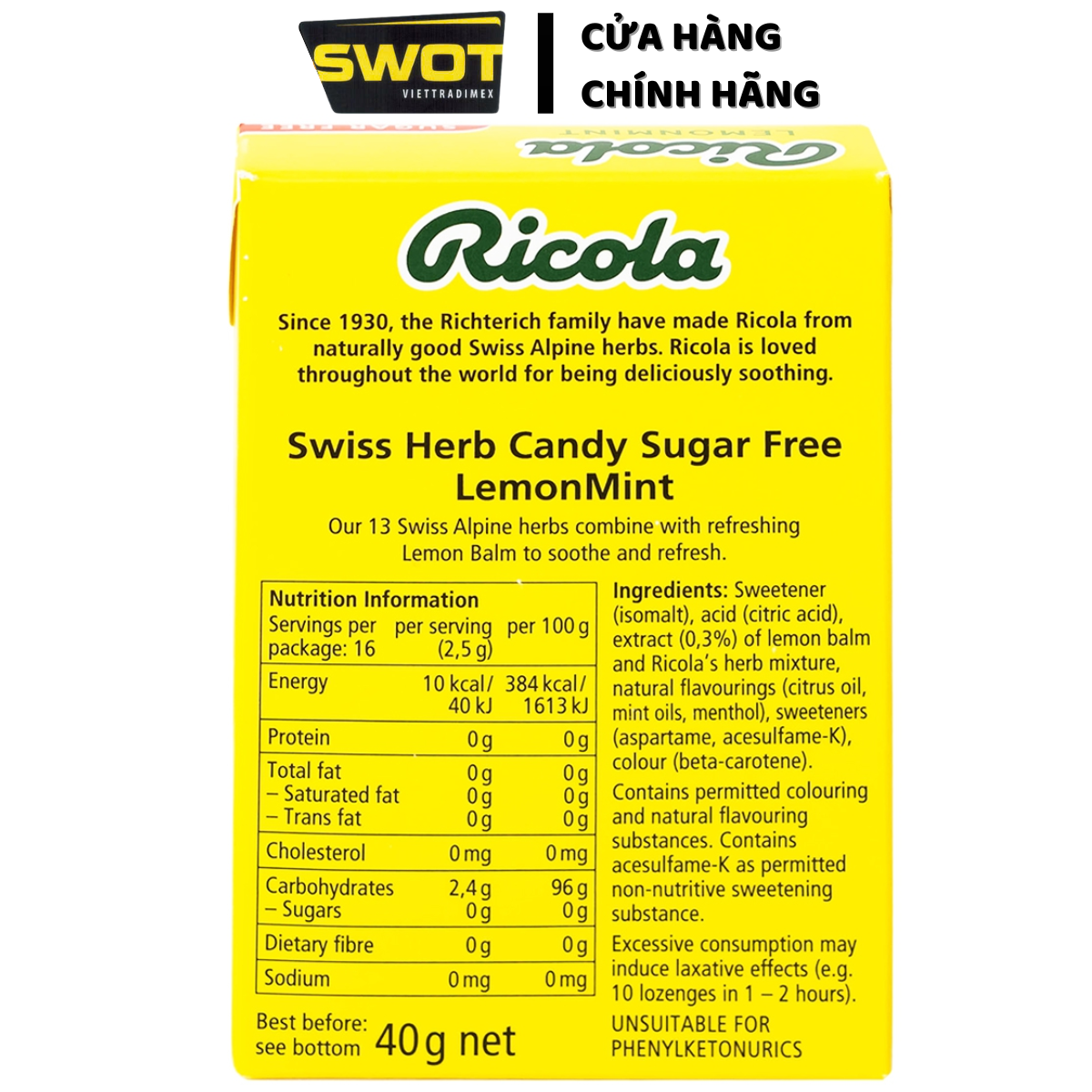 Ricola Swiss cough lozenges 40g, herbal lozenges, effective cough relief, no sugar ...