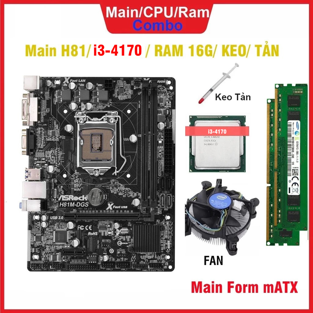 Combo Mainboard H81 + CPU i7 4770 + 16GB RAM + FAN + Thermal paste ...