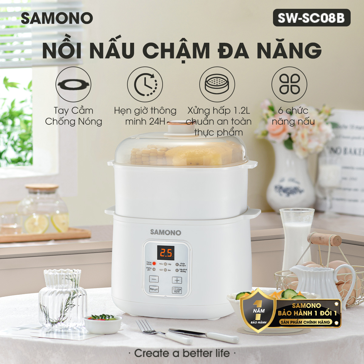 (NEW) Samono SW-SC08B 0.8L multi-function slow cooker, with steamer ...