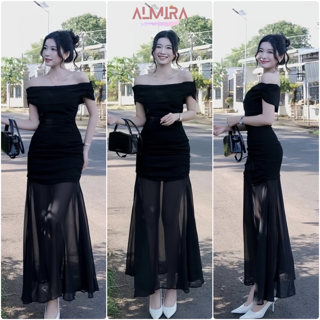 Women's Off-Shoulder Fishtail Shrug Bodycon Dress with Soft Black Silk ...