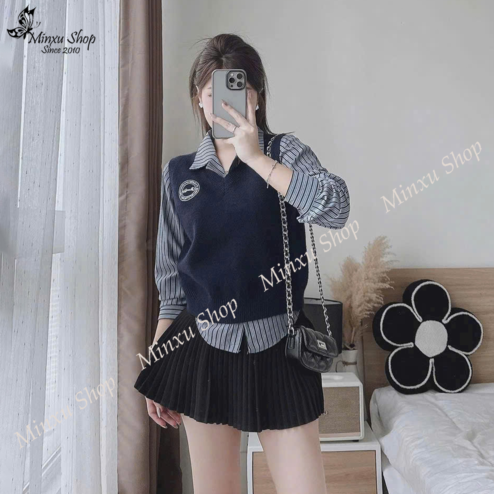 (Set 2 Piece) Gile Sweater Set with Letter Embroidered Plaid Shirt QC ...