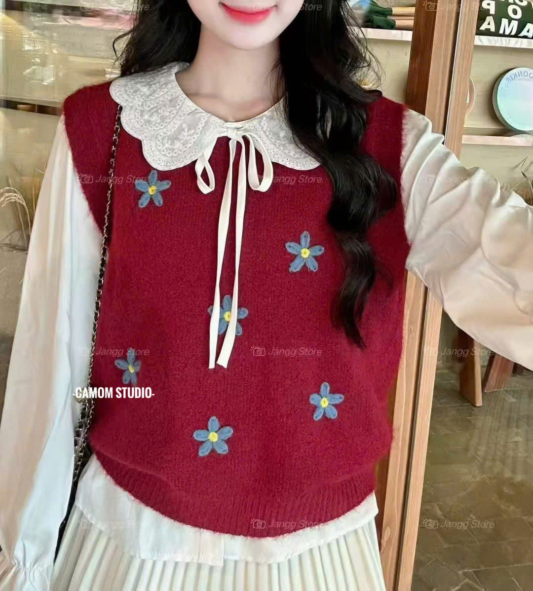 GL60 CUTE KOREAN STYLE ROUND NECK EMBROIDERED WOOL GILE, FLOWER ...