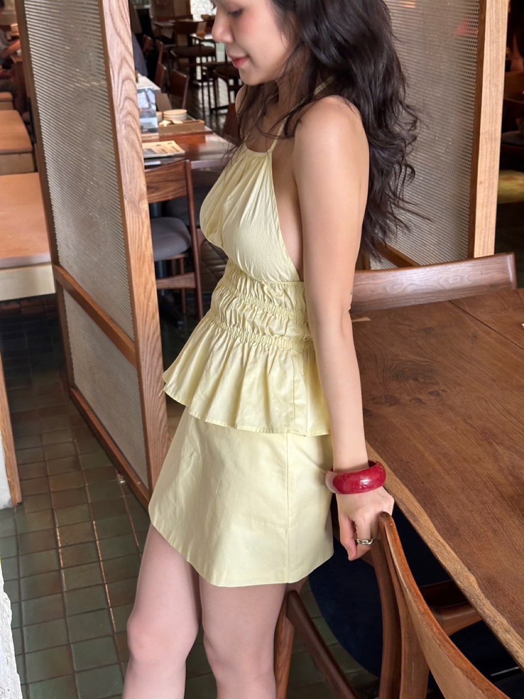 Lemon Smoked Peplum Top | Yellow Backless Shrug Collar Blouse (original ...