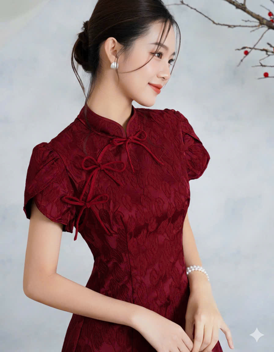 (BIG SIZE AVAILABLE) High-end damask cheongsam dress with bow Nghinh ...