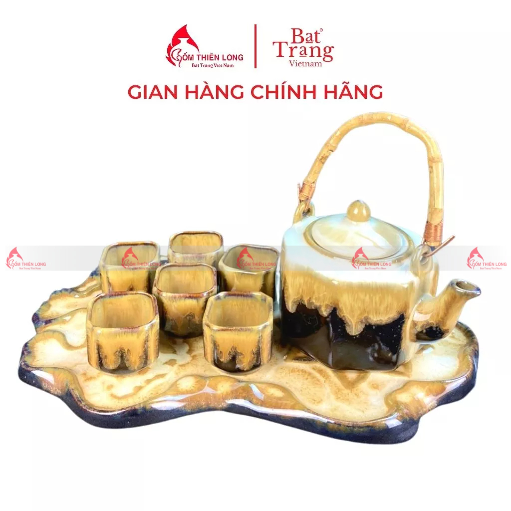 Yellow fire tea set, leaf tray, square teapot, genuine Bat Trang ...