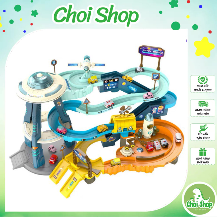 Car racing track with automatic elevator model astronaut, space garage ...