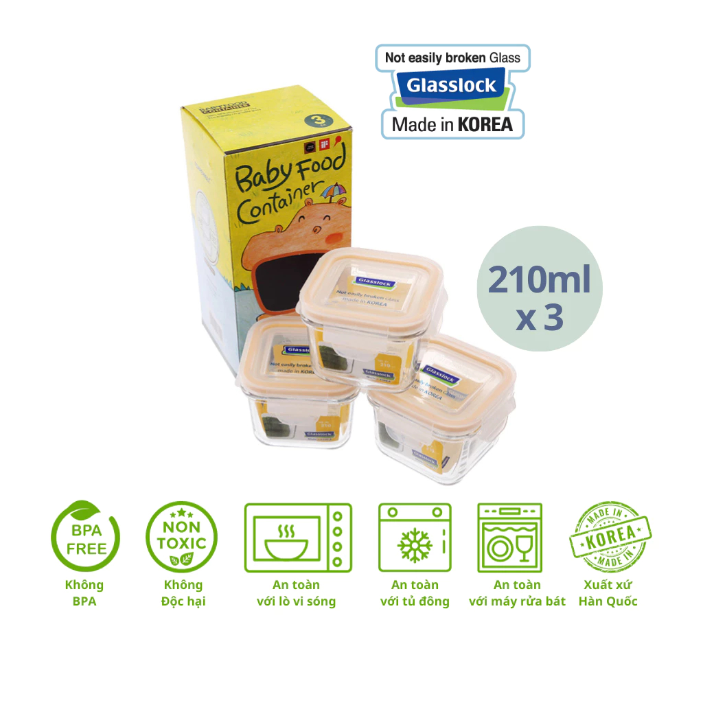 Set of 3 Square Glasslock GL544 210ml x 3 - Korea | Shopee Malaysia