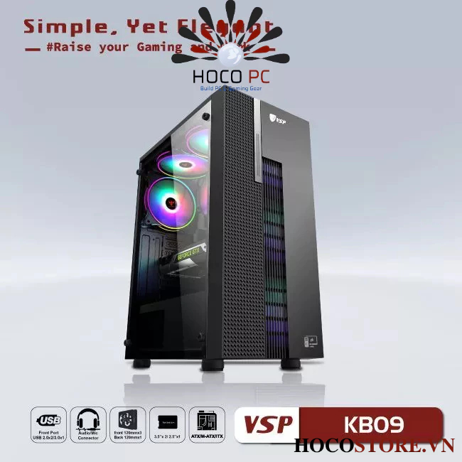 Case VSP KB09 ATX Front Breathable Mesh, Tempered Glass Side Cover ...