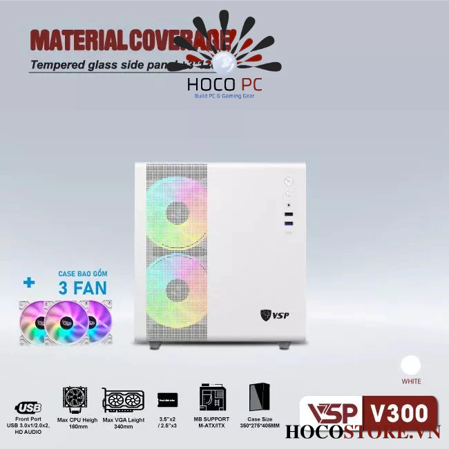 Case VSP V300 Black (With 3Fan LED) Case mATX, Mesh Front, Tempered ...