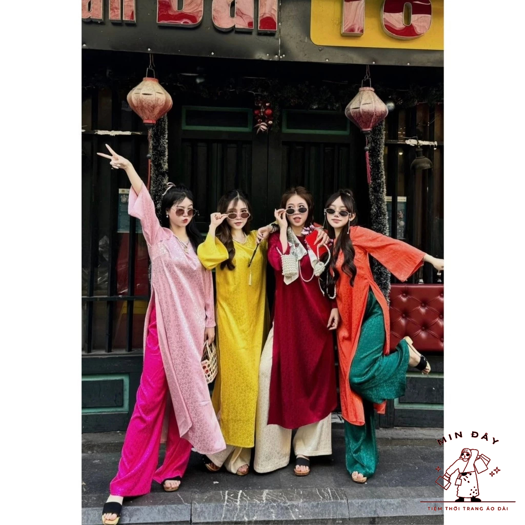 Brocade Ao Dai with Brocade Pants, Modernized Brocade Ao Dai with Round ...