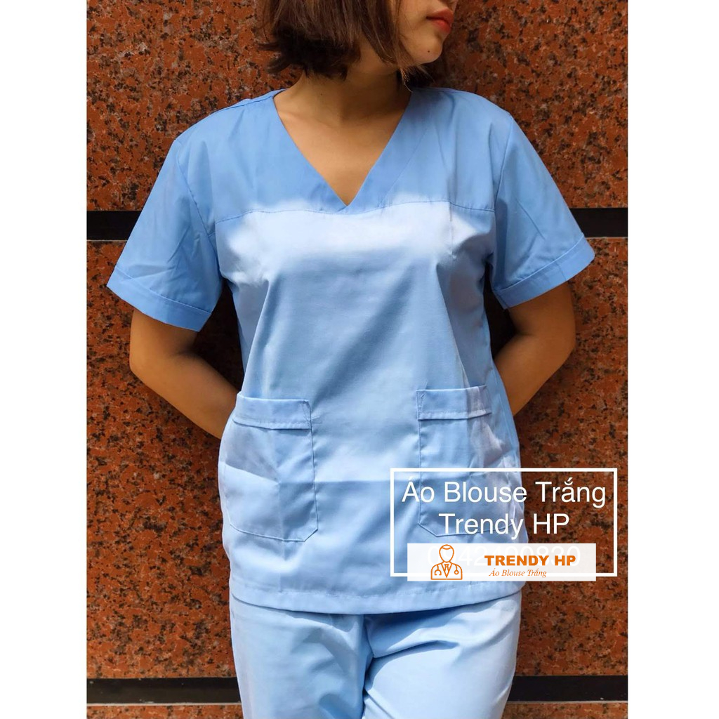 Blue short sleeve men's and women's turtleneck blouse set for doctors ...