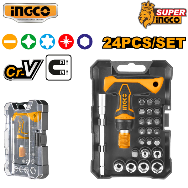 Ingco HKSDB0188 multi-function 24-piece T-handle screwdriver set with 2 ...